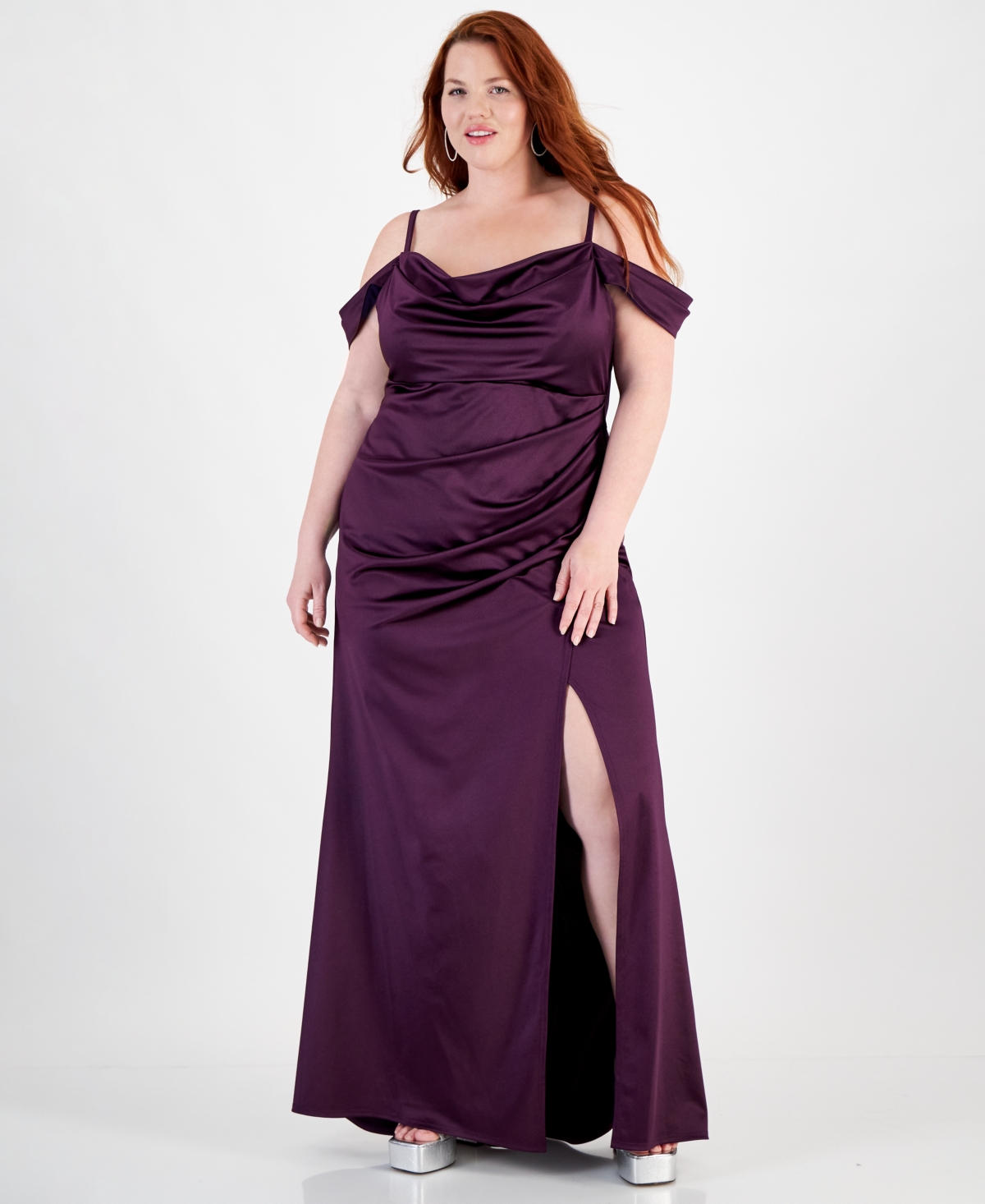 Click here for B Darlin Trendy Plus Size Off-The-Shoulder Satin G... prices