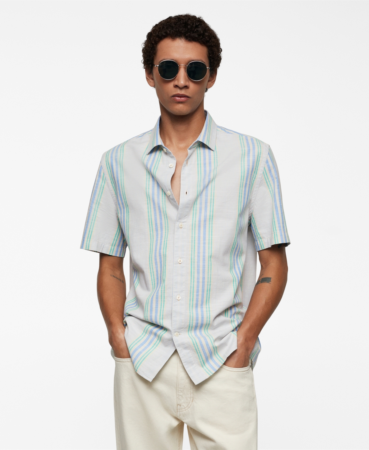 Click here for Mango Mens Regular-Fit Printed Cotton Shirt - Gree... prices