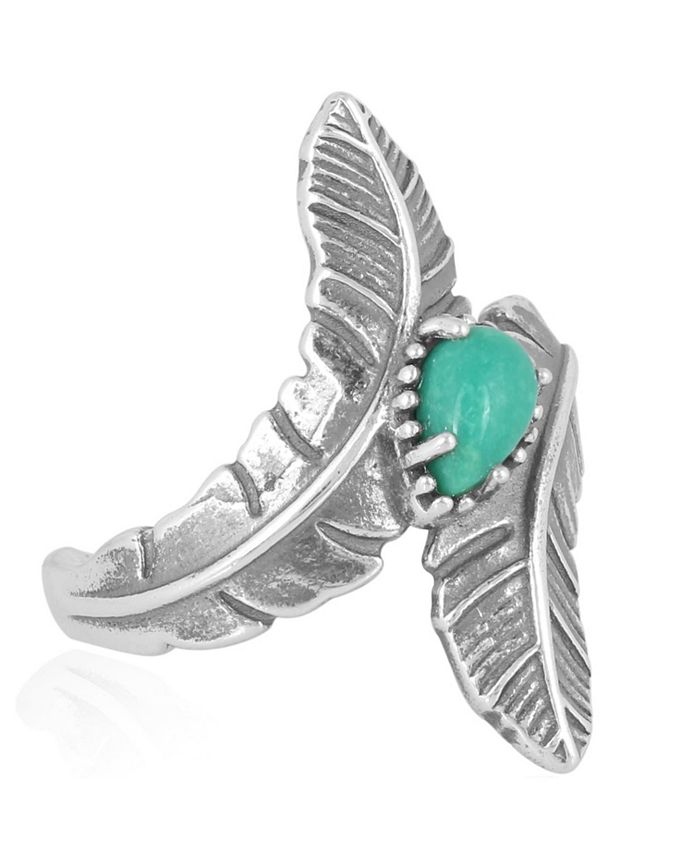 American West Jewelry Southwestern Double Feather Ring-Sterling Silver Band with Turquoise ...