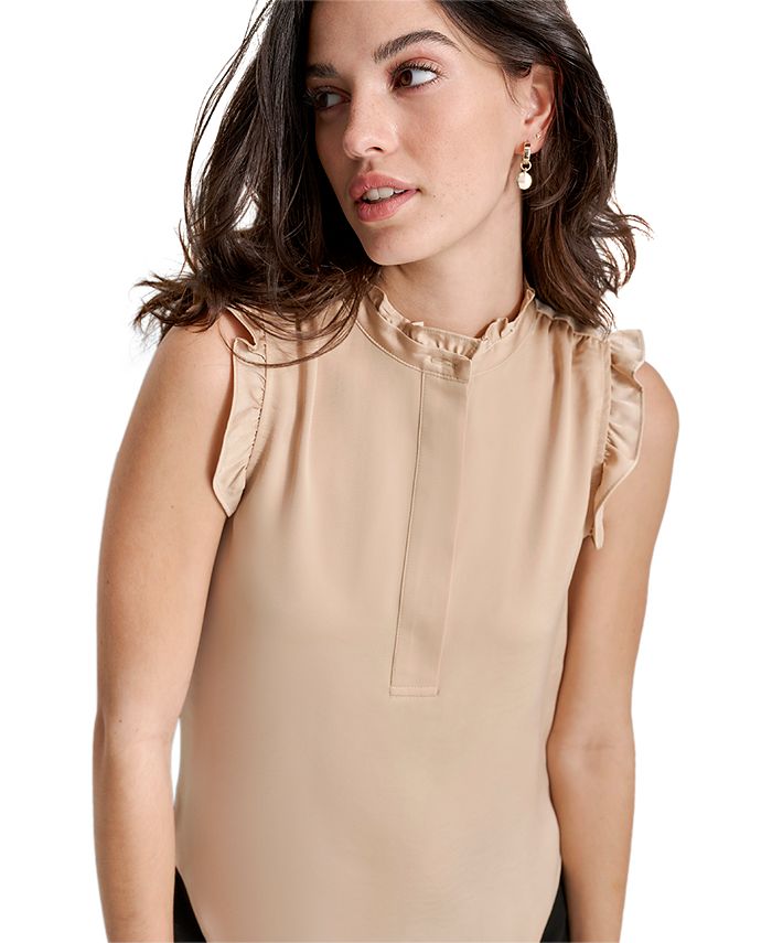 DKNY Petite Ruffled Mock-Neck Curved-Hem Sleeveless Top - Macy's
