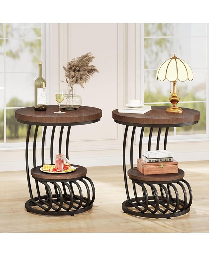 Tribesigns Round End Side Table: 2 Tiers Side Table Set of 2, Vintage ...