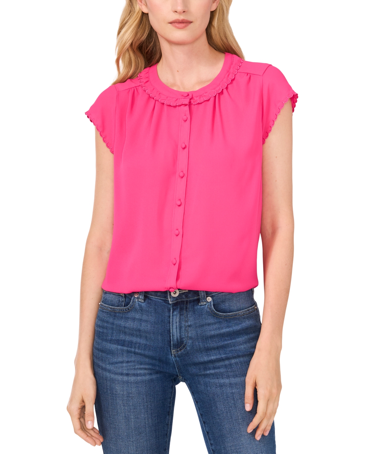 Click here for CeCe Womens Scalloped Cap Sleeve Blouse - Bright R... prices