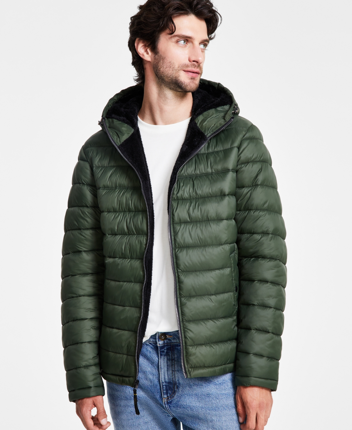 Hawke & Co. Mens Sherpa Lined Hooded Puffer Jacket - Dark Forest