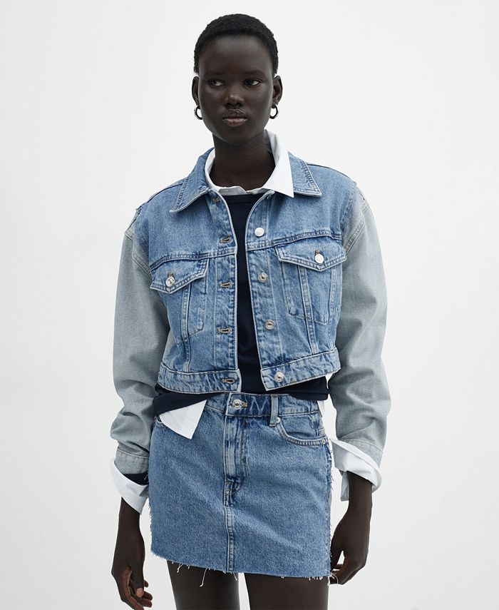MANGO Women's Two-Tone Cropped Denim Jacket - Macy's