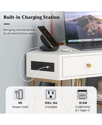 Costway Corner Desk with Built-in Charging Station Storage Drawers ...
