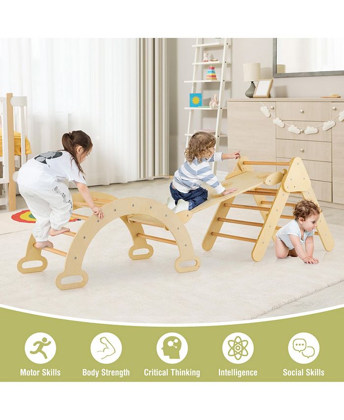 Costway 3-in-1 Kids Climber Set Toddler Wooden Play Arch with Sliding ...