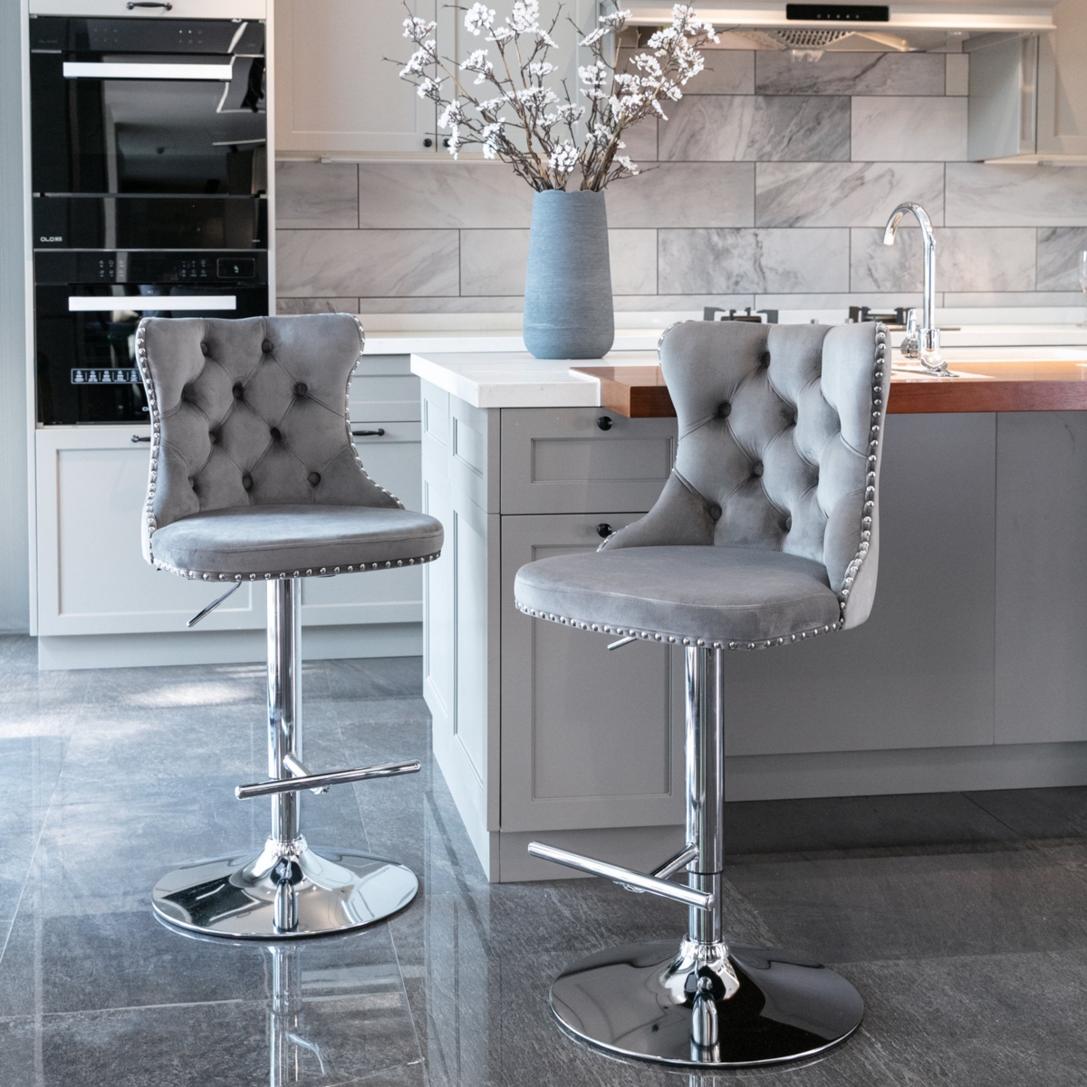 Click here for Streamdale Gray Swivel Velvet Bar Stools (Set of 2... prices