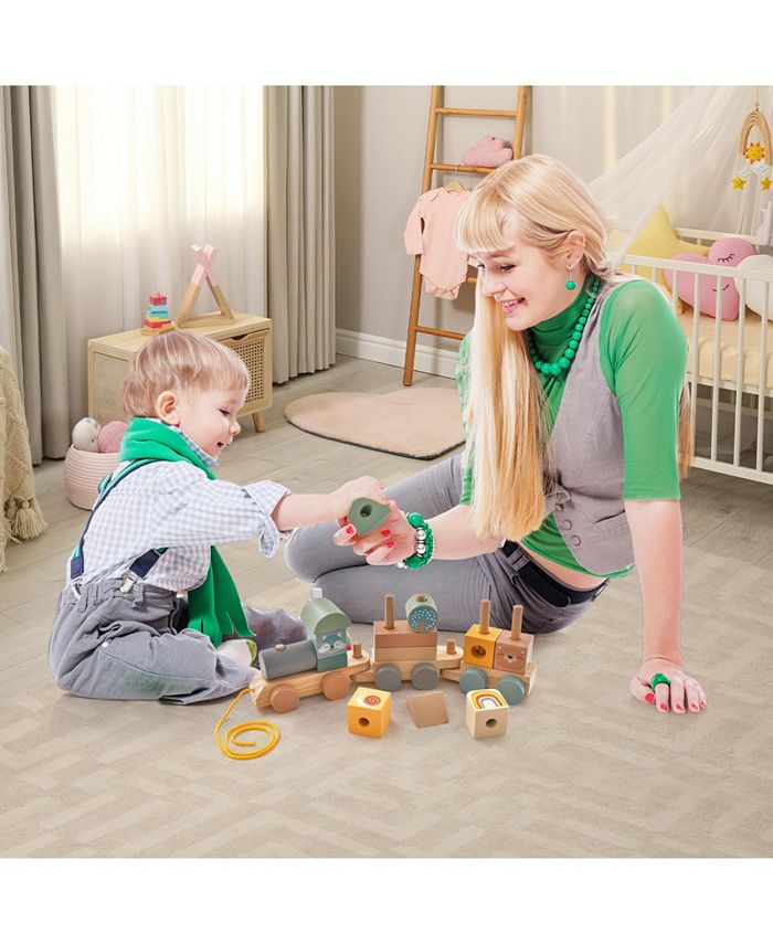 Slickblue Wooden Toy Train Set with Stacking Wooden Blocks and Cute ...