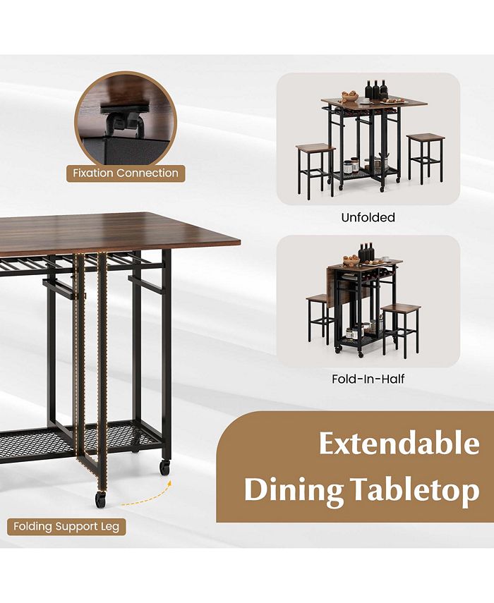 Costway 3 PCS Rolling Dining Table Set Extendable Kitchen Table 2 Stools with Wine Rack - Macy's