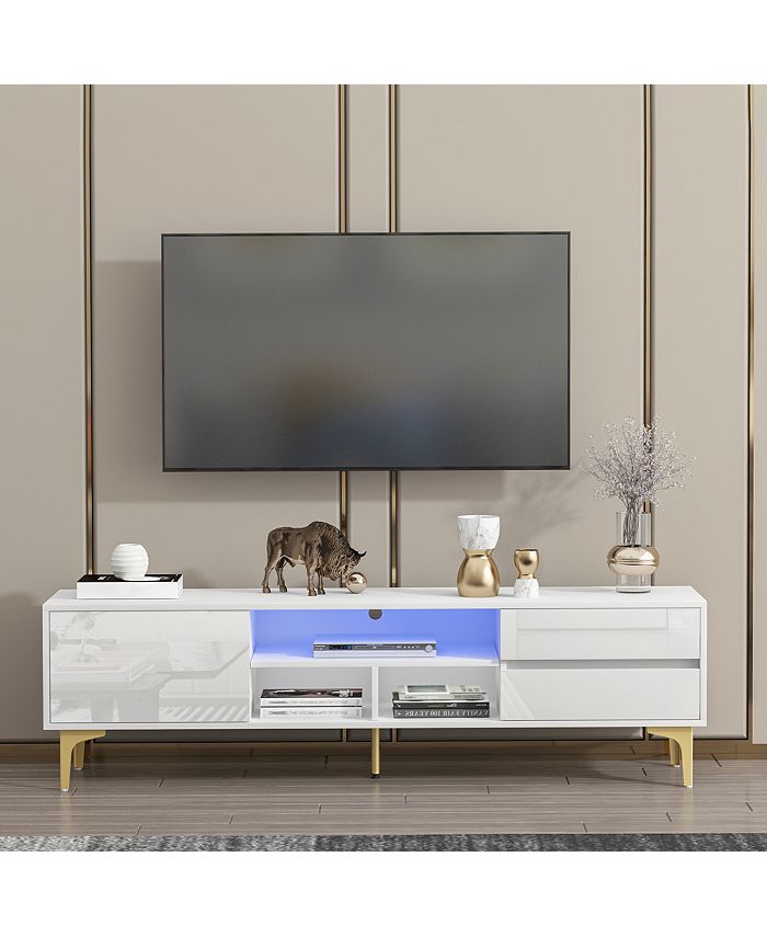 Simplie Fun White TV stand with LED lights and gold legs - Macy's