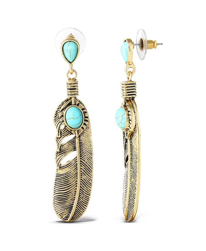Jessica Simpson Women's Turquoise Stone Feather Drop Earrings - Macy's
