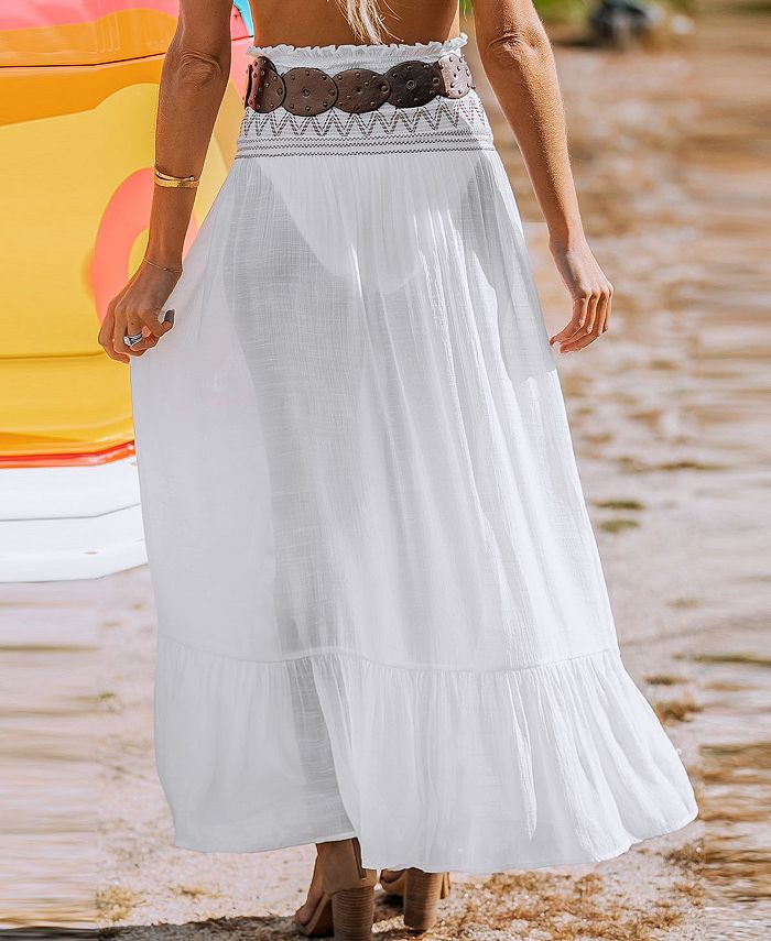 CUPSHE Women's White Smocked Waist Flounce Hem Cover-Up Maxi Skirt - Macy's
