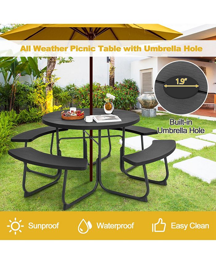 Costway Outdoor 8-person Round Picnic Table Bench Set with 4 Benches ...