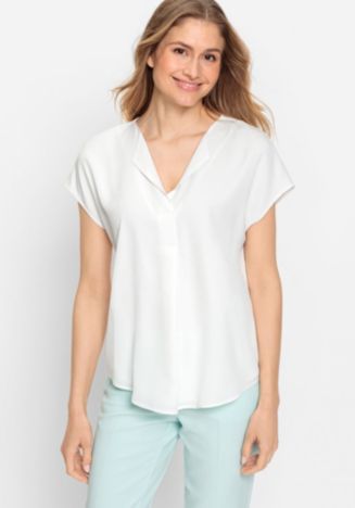 Olsen Women's Short Sleeve Split Neck Mixed Media Top - Macy's