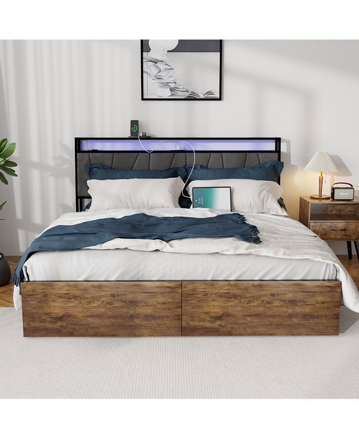 Simplie Fun Full Bed Frame with Storage, Ergonomic Headboard, Bed Frame ...