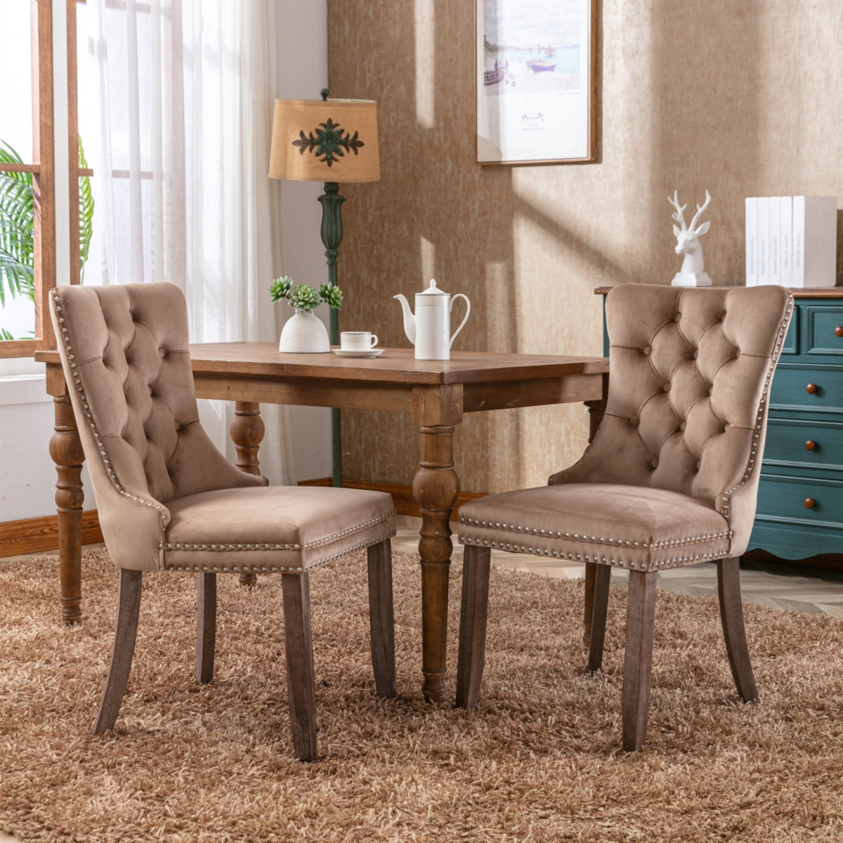 Click here for 2 Pieces Set  Khaki Velvet Dining Chairs With Wood... prices