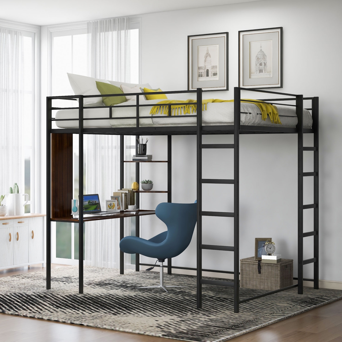 Click here for Streamdale Full Size Metal Loft Bed With 2 Shelves... prices