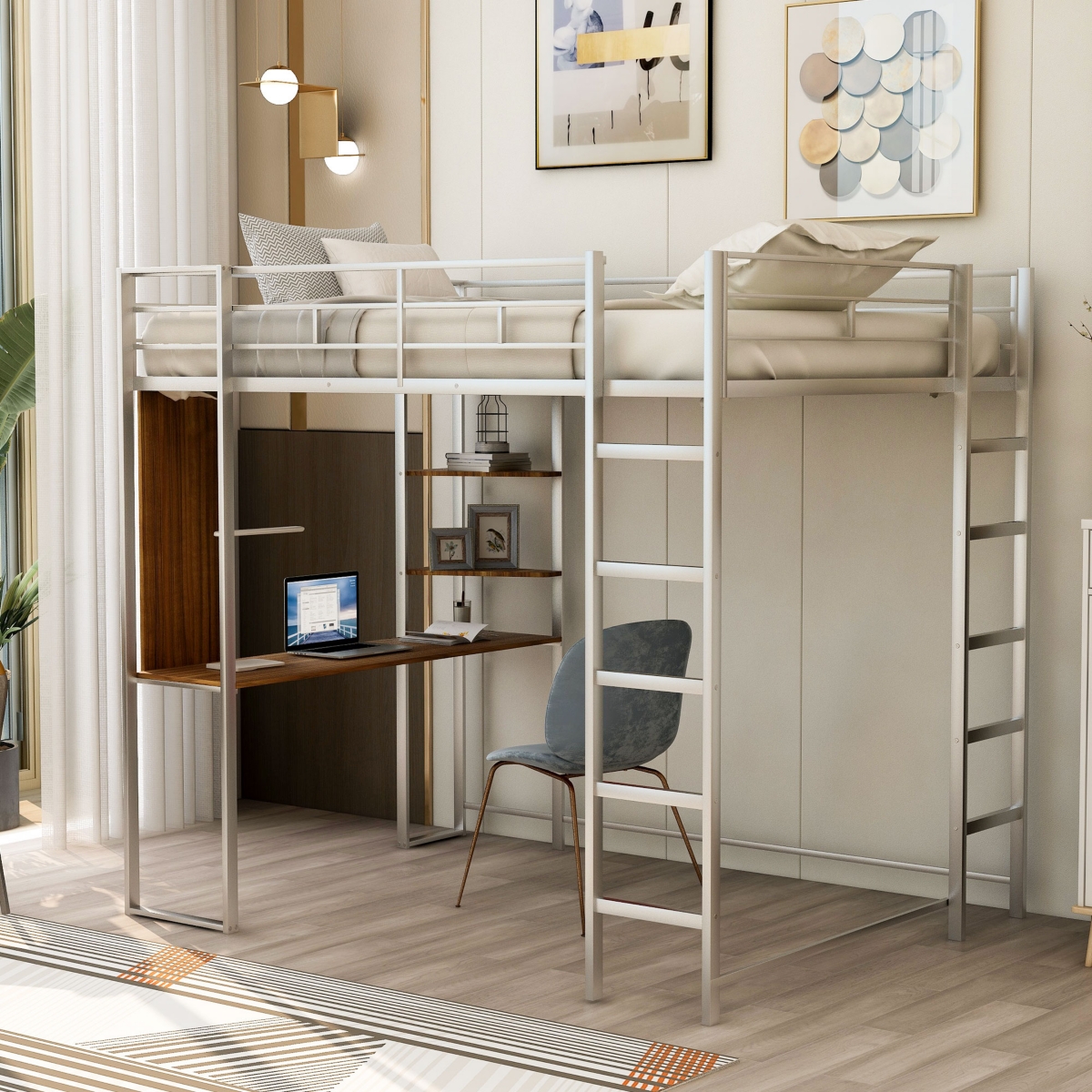 Click here for Streamdale Full Size Metal Loft Bed With 2 Shelves... prices