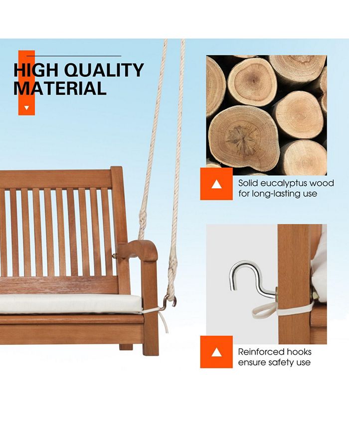 SUGIFT 2-Person Hanging Porch Swing Wood Bench with Cushion Curved Back ...