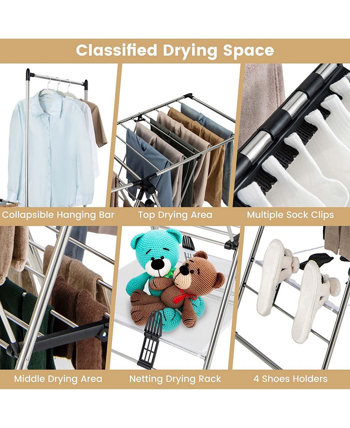 Costway 2-Layer Aluminum Foldable Drying Rack w/ Hanging Bar & 2 Height ...