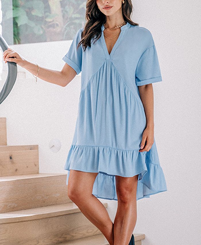 CUPSHE Women's Light Blue Drop Shoulder Flounce Hem Mini Beach Dress ...