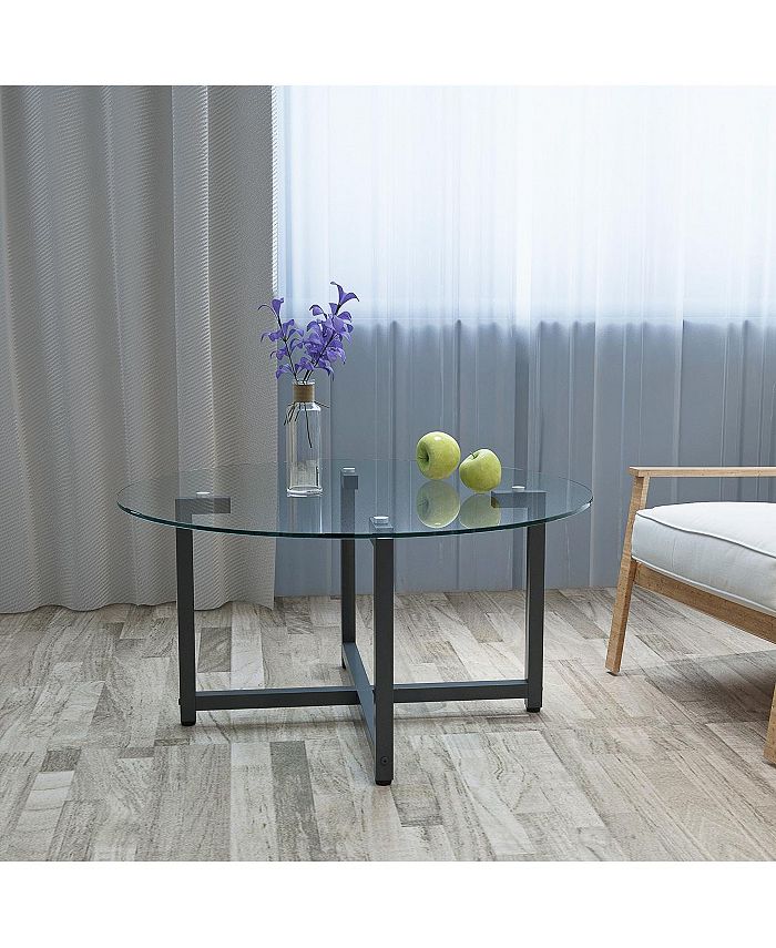 Simplie Fun Round Transparent Glass+ Leg Coffee Table, Clear Coffee ...