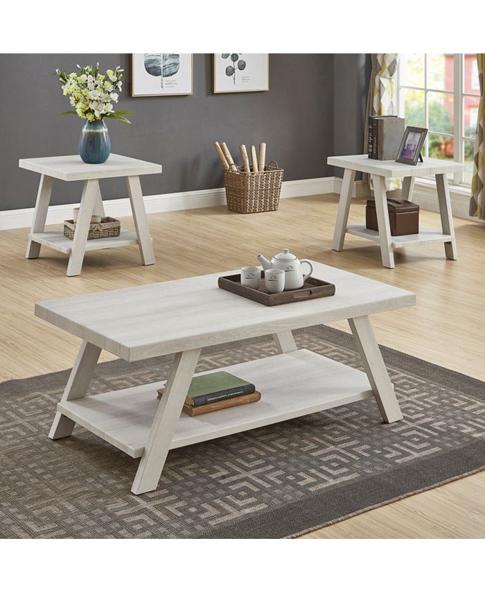 Simplie Fun Contemporary Wood Shelf Coffee Table Set in White Finish ...