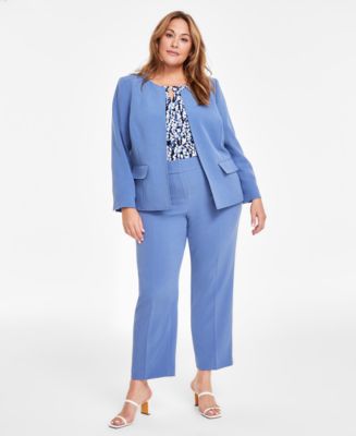 Kasper Plus Size Collarless Open-Front Jacket, Printed Pleat-Neck ...