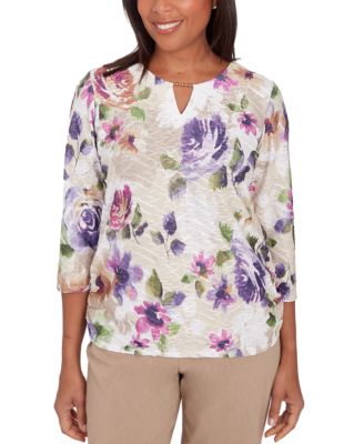Alfred Dunner Petite Women's Embellished Keyhole Floral Textured Top ...
