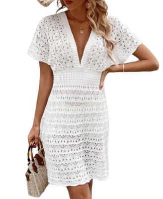 Cupshe Women's Crochet V-Neck Smocked Cover-Up Beach Dress - Macy's