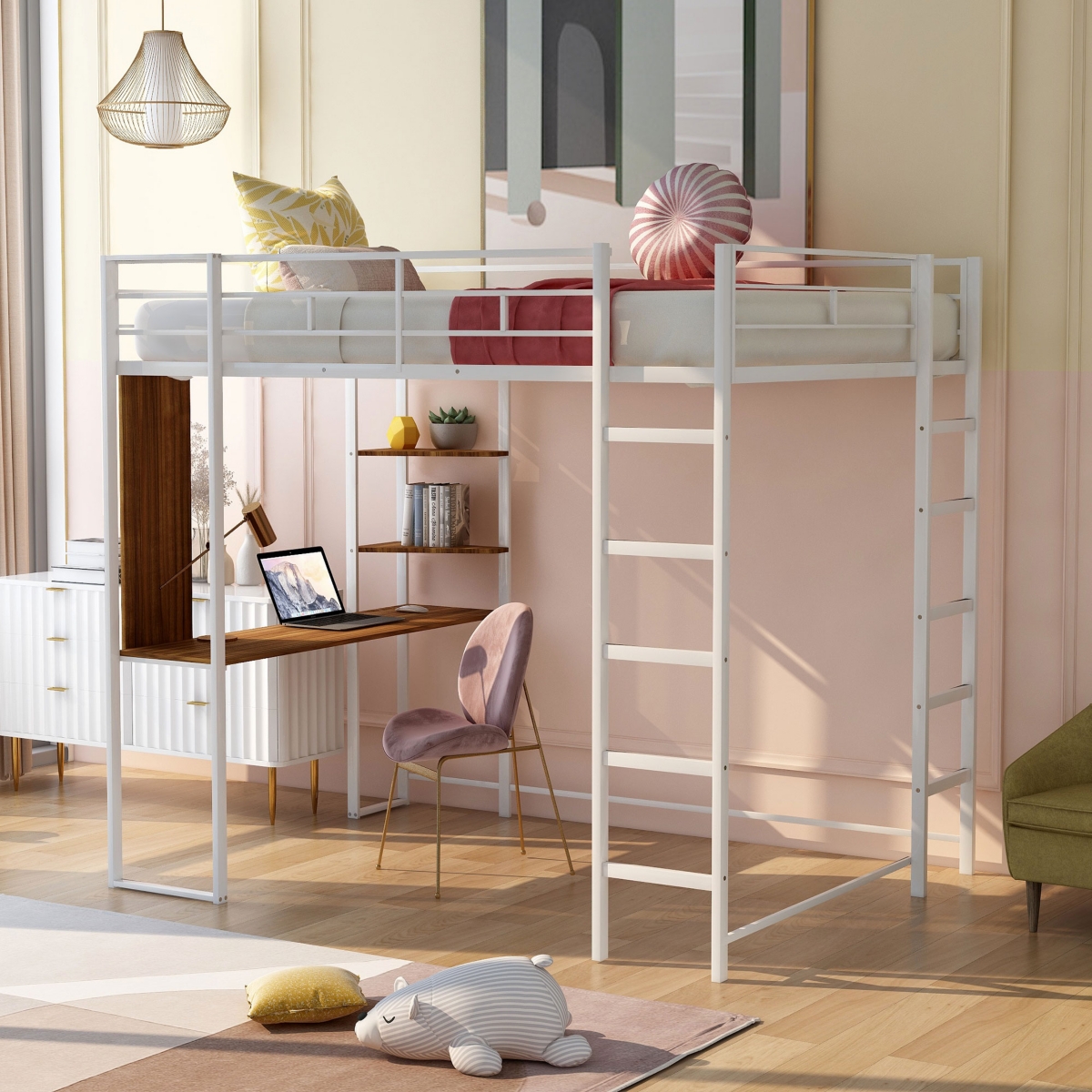 Click here for Streamdale Full Size Metal Loft Bed With 2 Shelves... prices