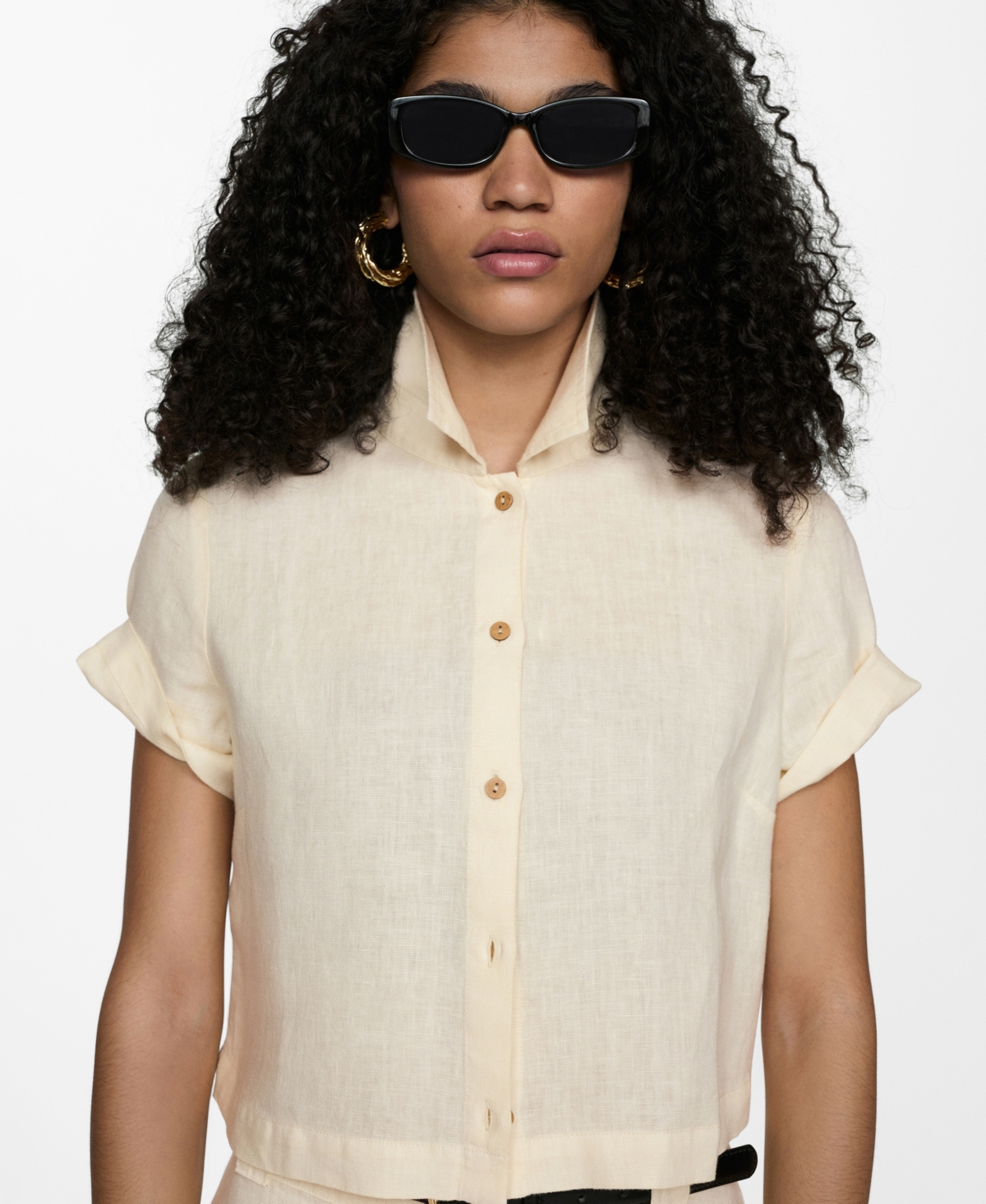 Click here for Mango Womens Short Sleeve Linen-Blend Shirt - Yell... prices