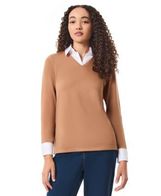 Jones New York Womens Serenity with Cotton Poplin Long Sleeve V-Neck ...