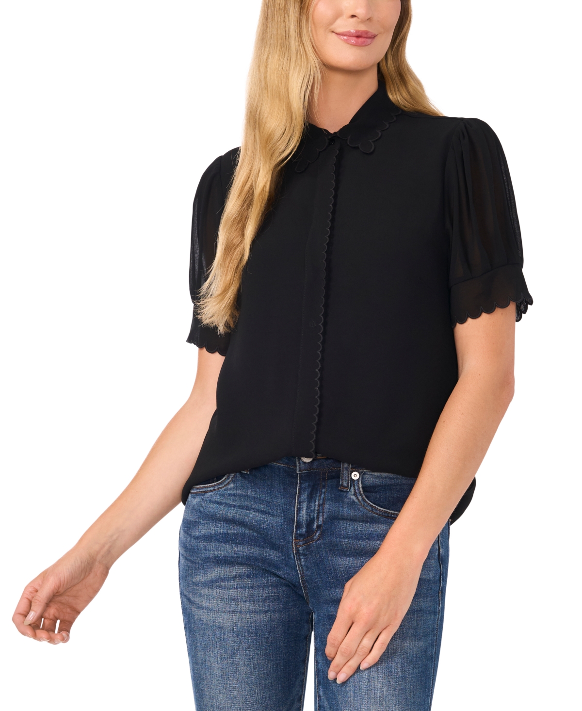 CeCe Womens Scalloped Puff-Sleeve Button-Front Top - Rich Black