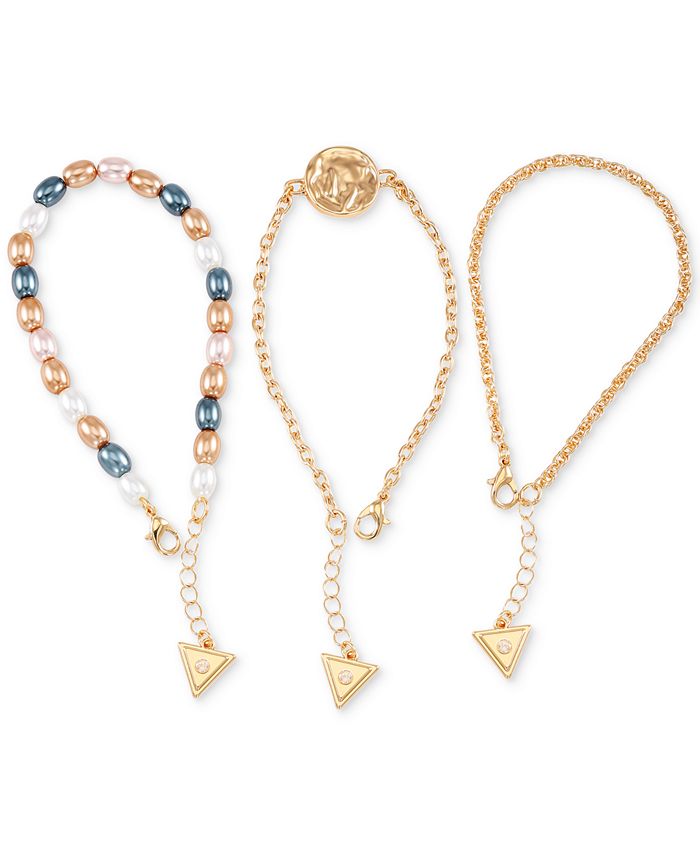 GUESS Gold-Tone 3-Pc. Set Mixed Imitation Pearl & Link Bracelets - Macy's
