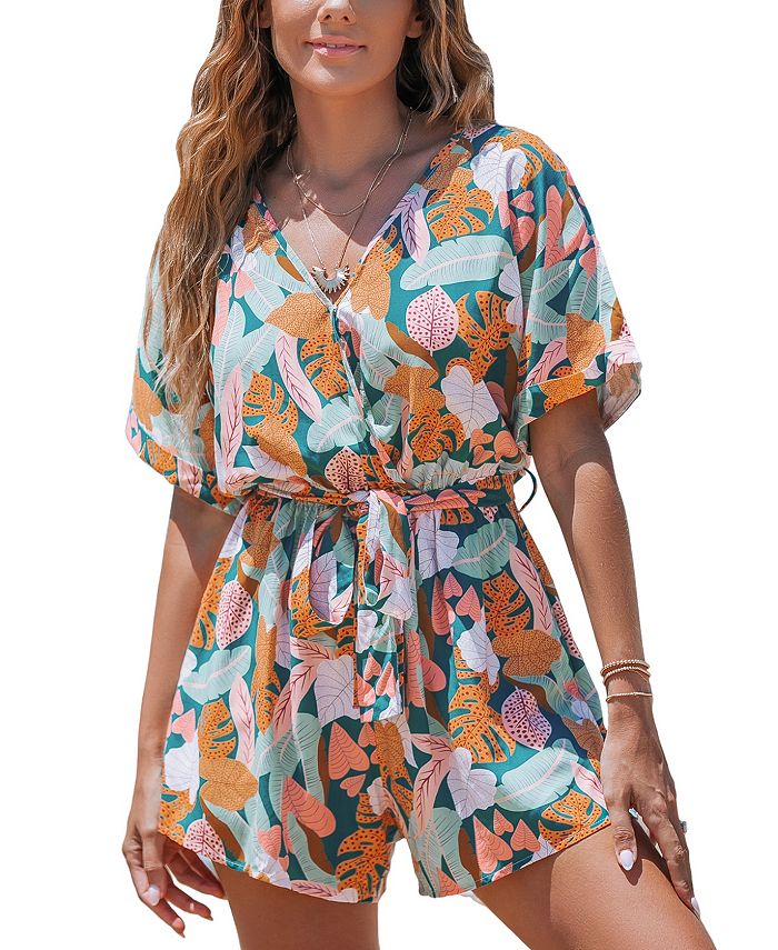 CUPSHE Women's Tropical Surplice Short Sleeve Wide Leg Romper - Macy's
