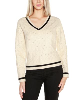 Belldini Women's Black Label Embellished Cabled V-Neck Sweater - Macy's