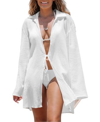 CUPSHE Women's Sheer Tie-Front Long Sleeve Cover-Up Beach Dress - Macy's