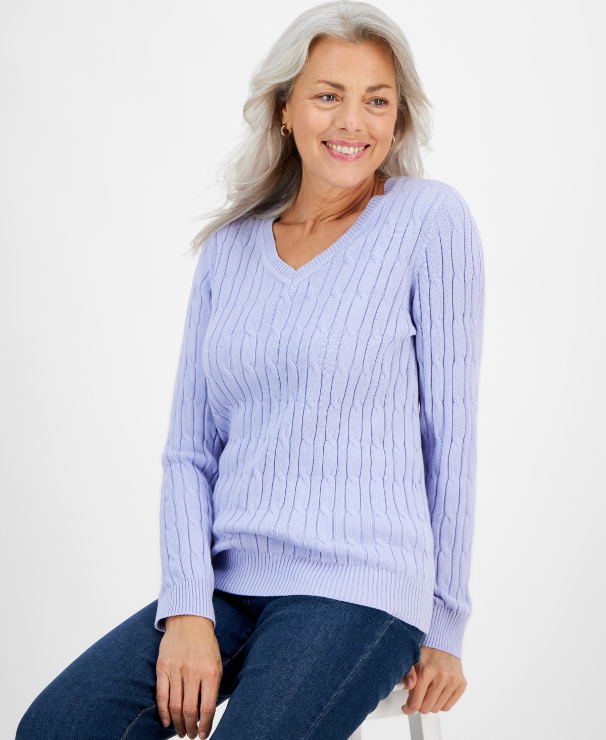 Click here for Style & Co Petite Cotton Cable-Knit V-Neck Sweater... prices