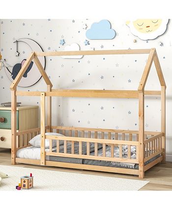Simplie Fun Twin Size Floor Wooden Bed with House Roof Frame, Fence ...