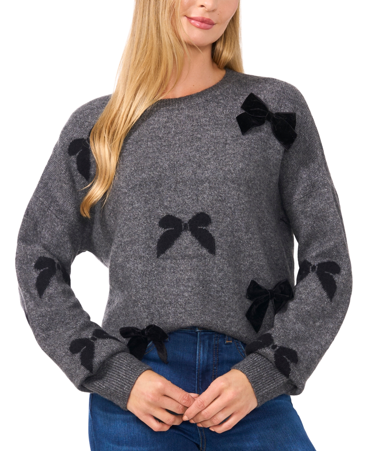 CeCe Womens Bow Applique Sweater - Medium Heather Gray