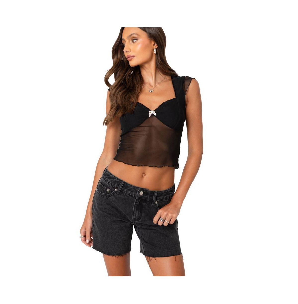 Click here for Edikted Devi sheer mesh top - Black prices