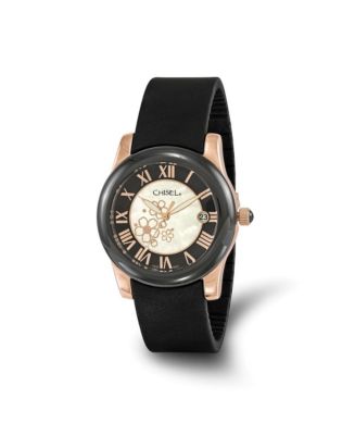 Chisel Rose IP-plated Floral Dial Black Strap Watch - Macy's