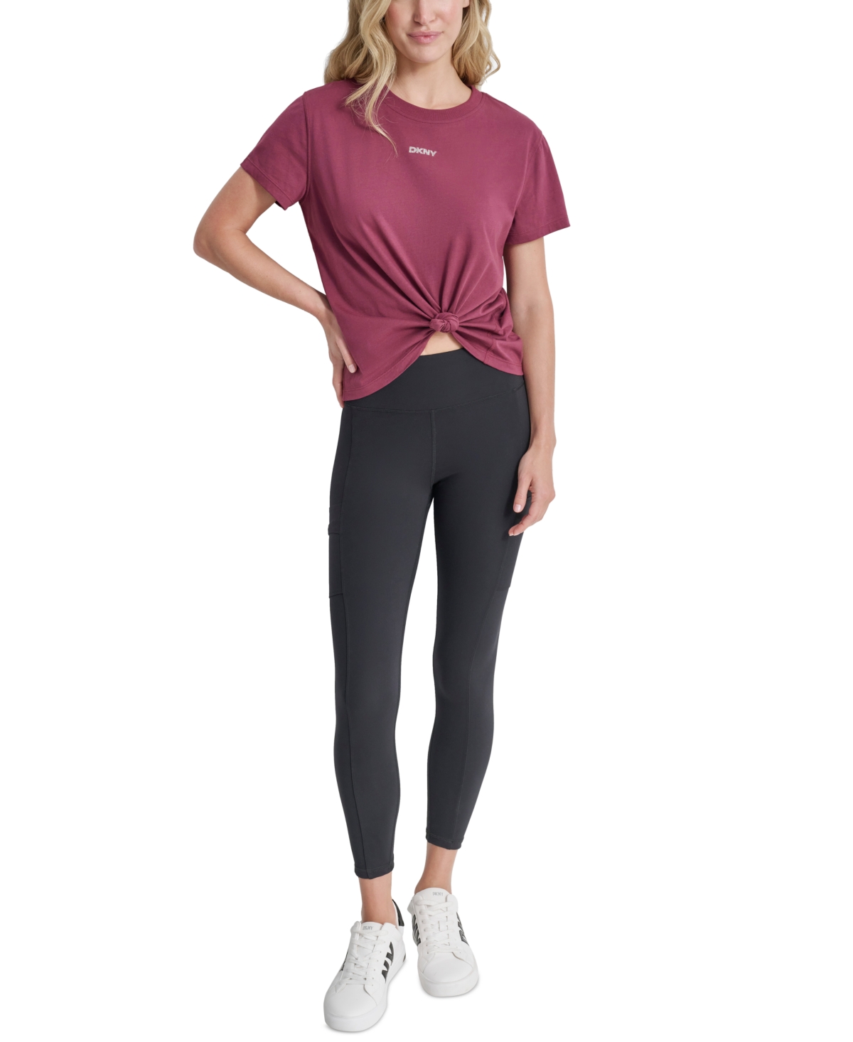 Click here for Dkny Sport Womens Cotton Stud Logo Knot-Front T-Sh... prices