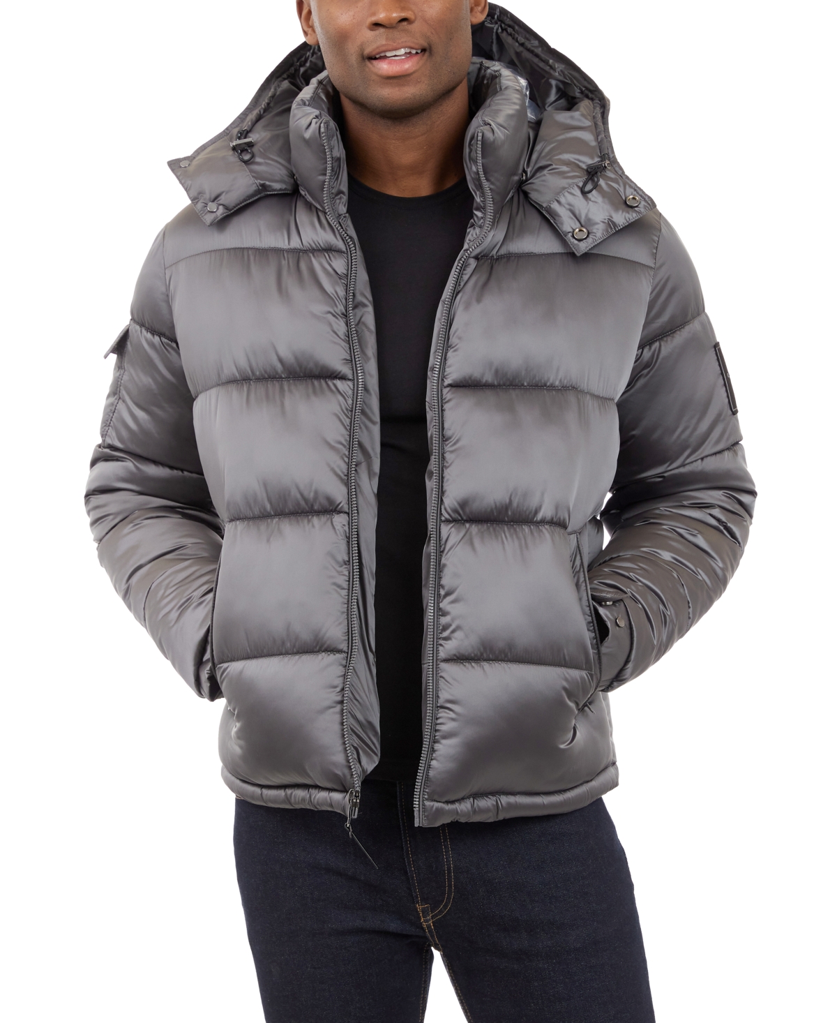 Michael Kors Mens Heavyweight Metallic Finish Hooded Puffer Jacket - Grey