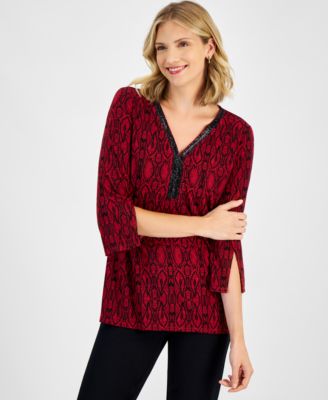 JM Collection Women's Printed Embellished-Trim V-Neck Top, Created for ...