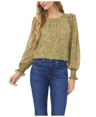 CeCe Women's Paisley Long Sleeve Gathered Neck Blouse with Ruffle ...