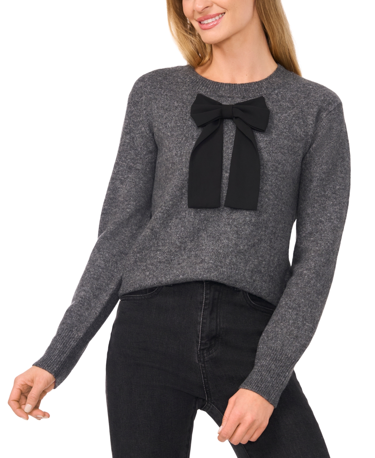 CeCe Womens Bow-Trim Crewneck Sweater - Medium Heather Grey