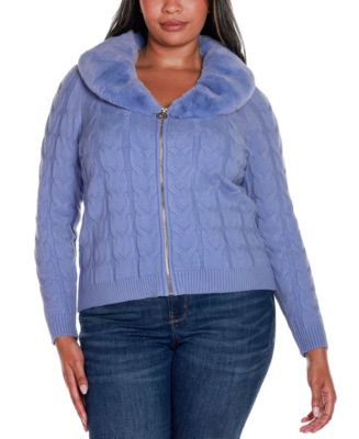 Belldini Black Label Plus Size Faux Fur Collared Cable Cardigan Sweater ...