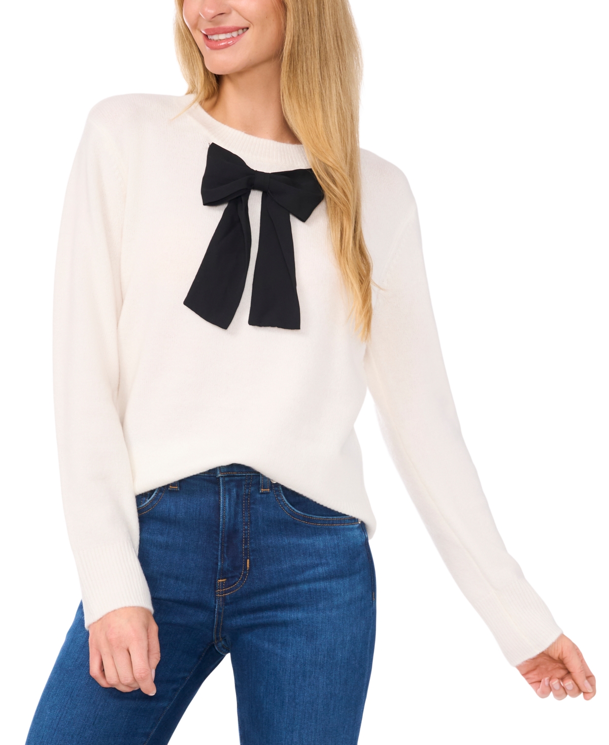 CeCe Womens Bow-Trim Crewneck Sweater - Antique White